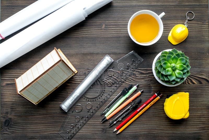 Construction Office with Architect Tools on Wooden Background Top View ...