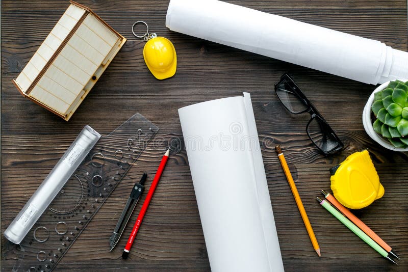 Construction Office with Architect Tools on Wooden Background Top View ...