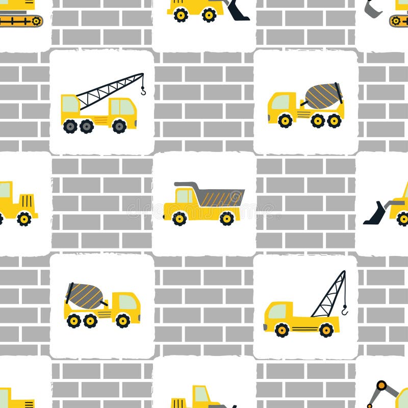 Construction Pattern with Cartoon Yellow Trucks. Vector Car Background ...