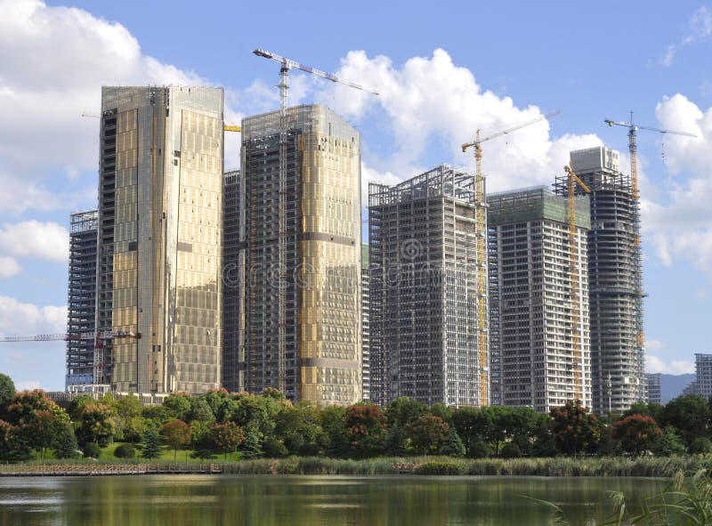 Construction Phase of the Complex High-rise Buildings. China.Yiwu Stock ...