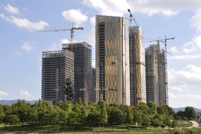 Construction Phase of the Complex High-rise Buildings. China.Yiwu Stock ...