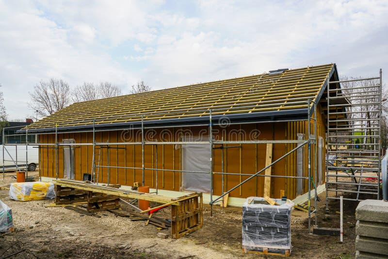 Construction Phase of a Single Story Timber Framed House, Roof ...