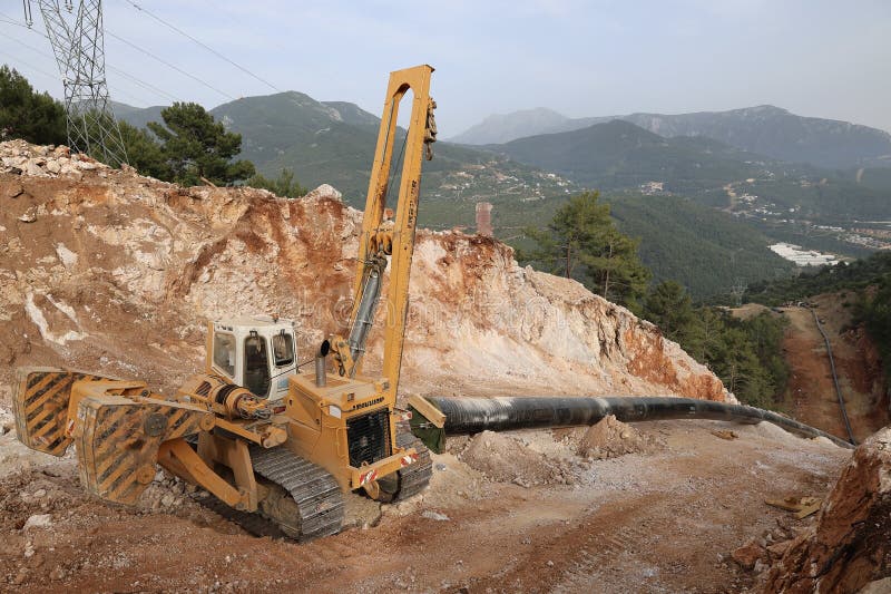Construction Pipeline Machinery. Mountain Construction Drone View ...