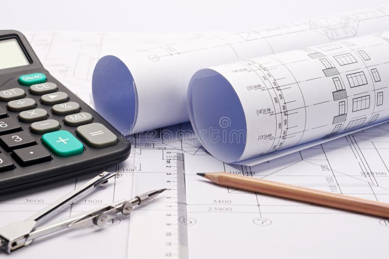 Construction Plan Blueprints with Tools Stock Photo - Image of ...