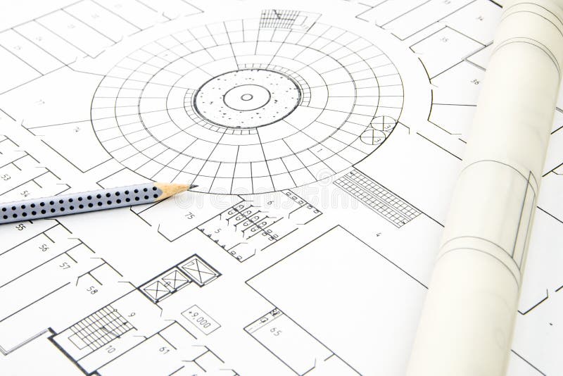 Construction Plan Closeup with Pencil and Rolled Paper Stock Image ...