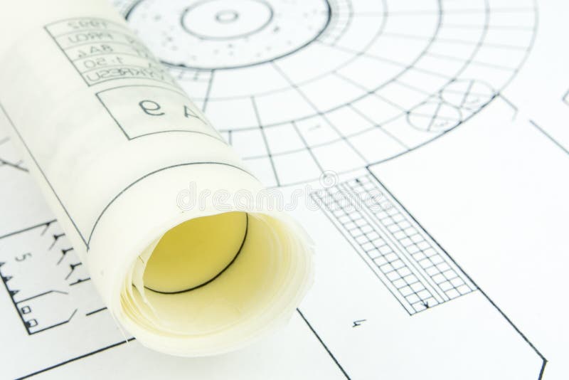 Construction Plan Closeup with Rolled Paper Stock Photo - Image of ...
