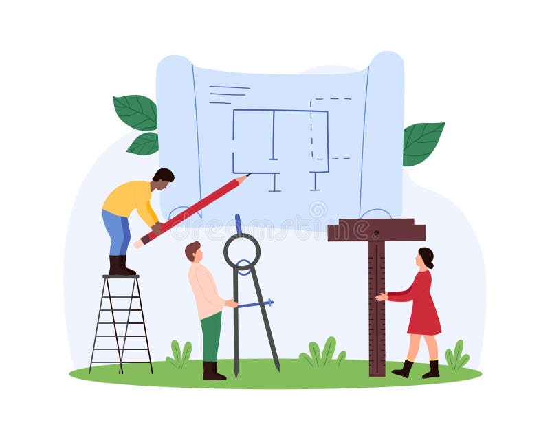 Construction Plan Development Process by Tiny People with Pencil, Caliper and Ruler Stock Vector ...