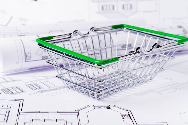 Construction Plan in Grocery Basket. House Design Project Stock Photo ...