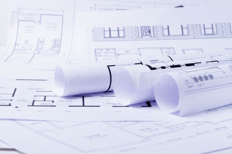 Construction Plan. Scheme Drawing Rolled Up in a Roll Stock Photo ...