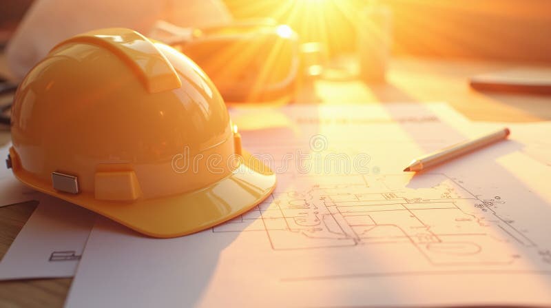 Construction Planning Table with Hard Hat in Morning Light Stock ...
