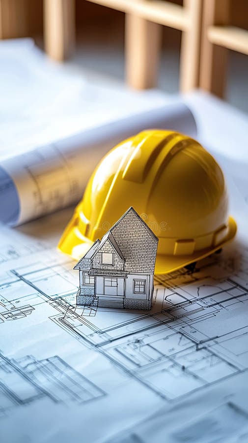Construction Plans and Architect Model with Hard Hat on a Blueprint ...