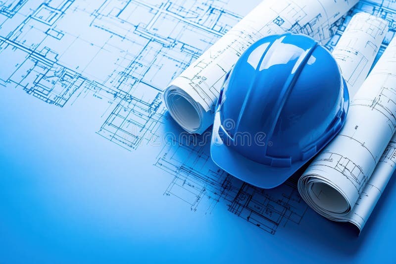 Blue Hard Hat Resting Architectural Blueprints Construction Site Stock ...