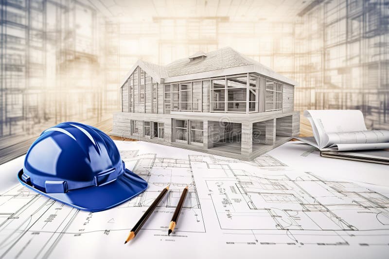 Construction Plans with Blue Helmet and Drawing Tool. Stock ...