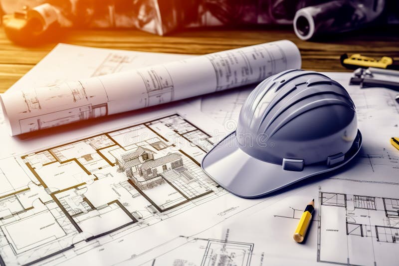Construction Plans with Blue Helmet and Drawing Tool. Stock ...