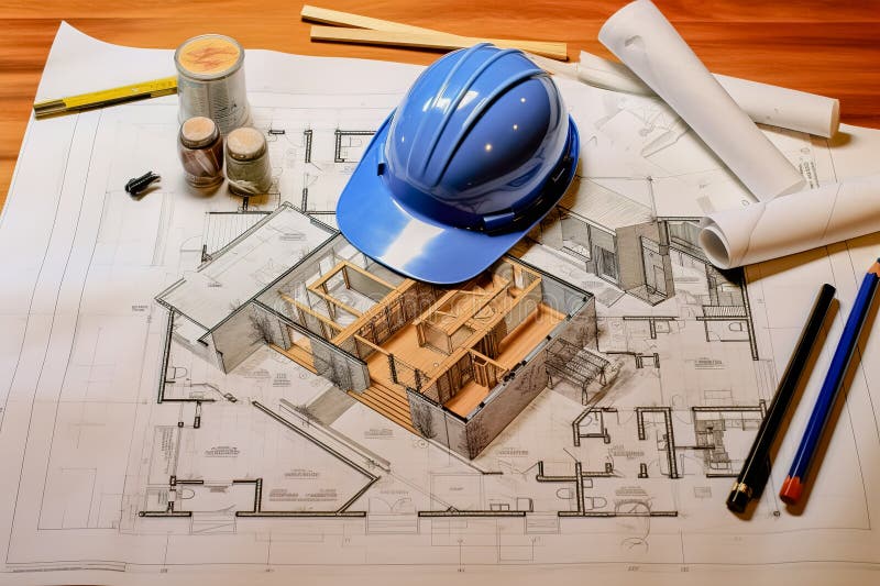 Construction Plans with Blue Helmet and Drawing Tool. Stock ...