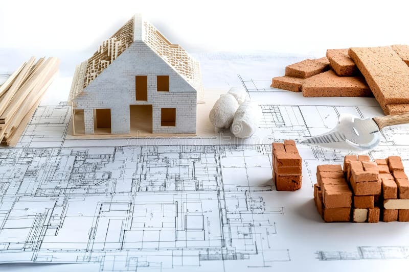 Construction Plans with Building Blocks and a Detailed House Model ...