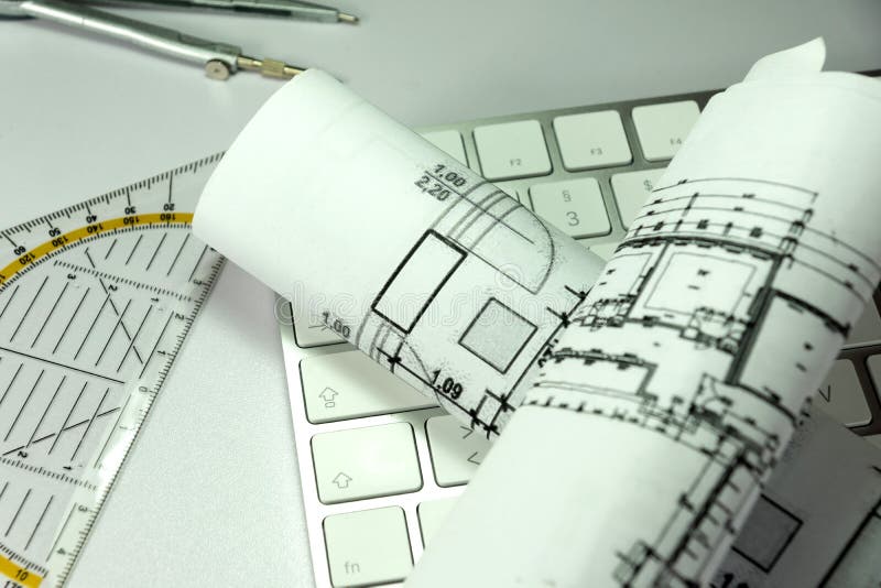 Construction Plans and Computers Stock Image - Image of plans, project ...