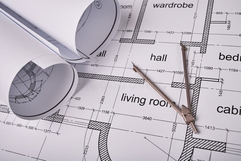 Construction Plans and Drawing Compasses Stock Photo - Image of ...