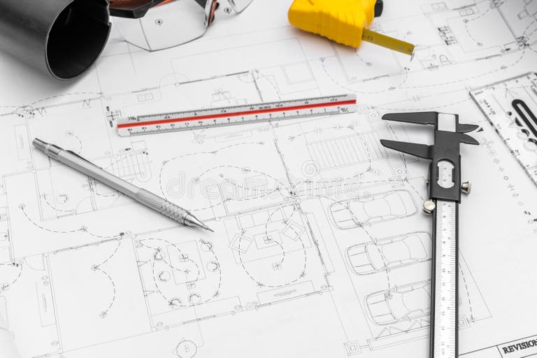 Construction Plans and Drawing Tools on Blueprints . Stock Photo ...