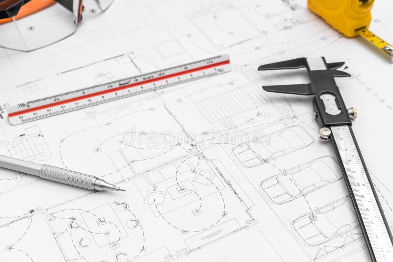 Construction Plans and Drawing Tools on Blueprints . Stock Image ...