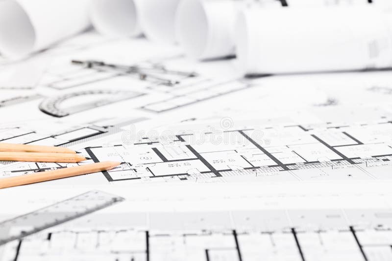 Tools on Blueprints stock image. Image of building, rolled - 11184373