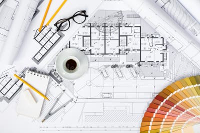 Construction Plans and Drawing Tools on Blueprints Stock Image - Image ...