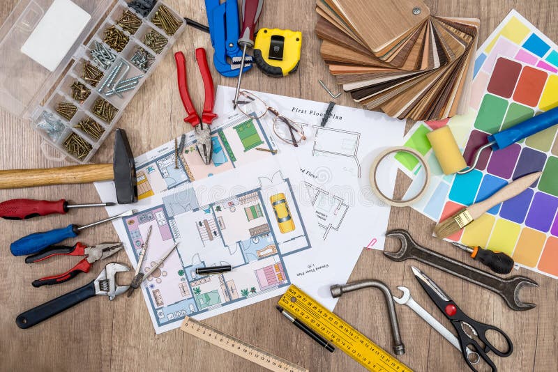 Construction Plans with Drawing Tools Stock Photo - Image of blueprints ...