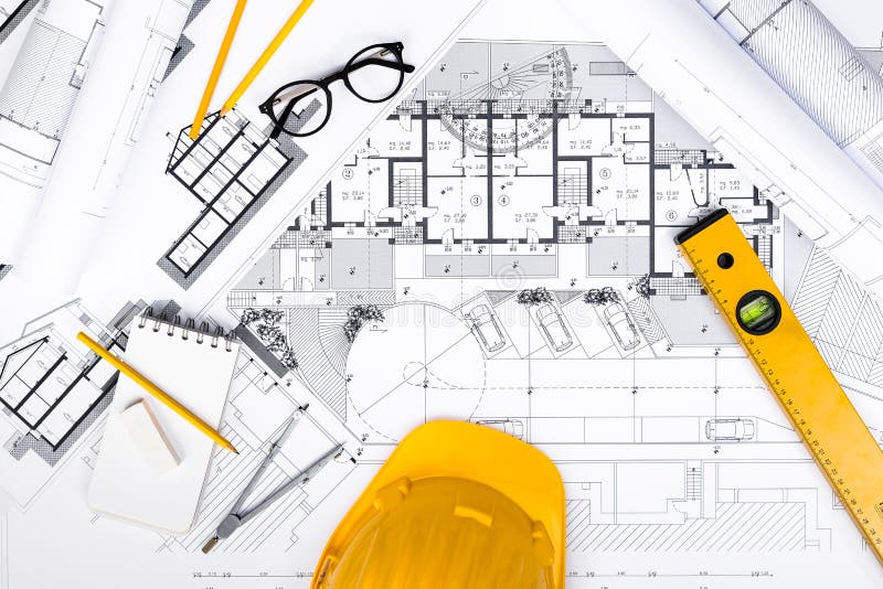 Tools on Blueprints stock image. Image of building, rolled - 11184373