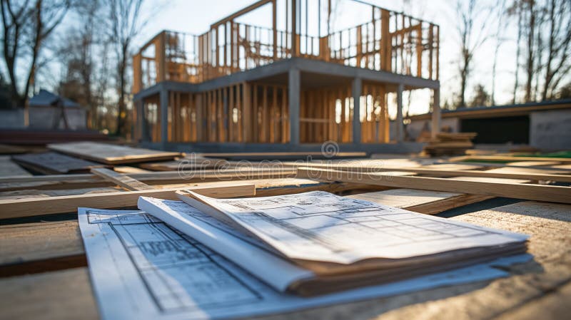 Construction Plans with Framing in Background Stock Illustration ...