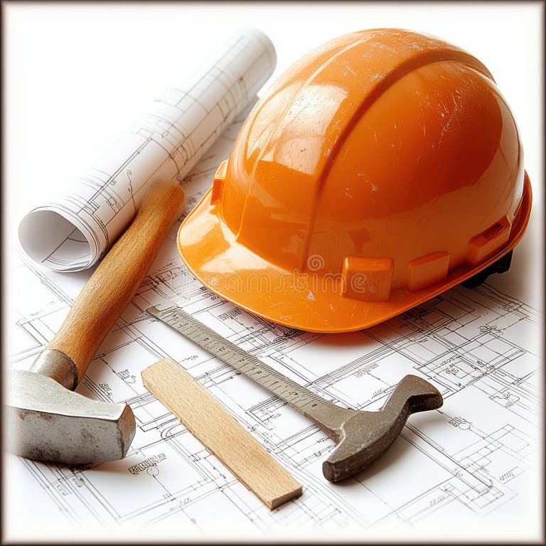 Construction Plans Hard Hat Hammer Blueprints Tools Stock Illustration ...