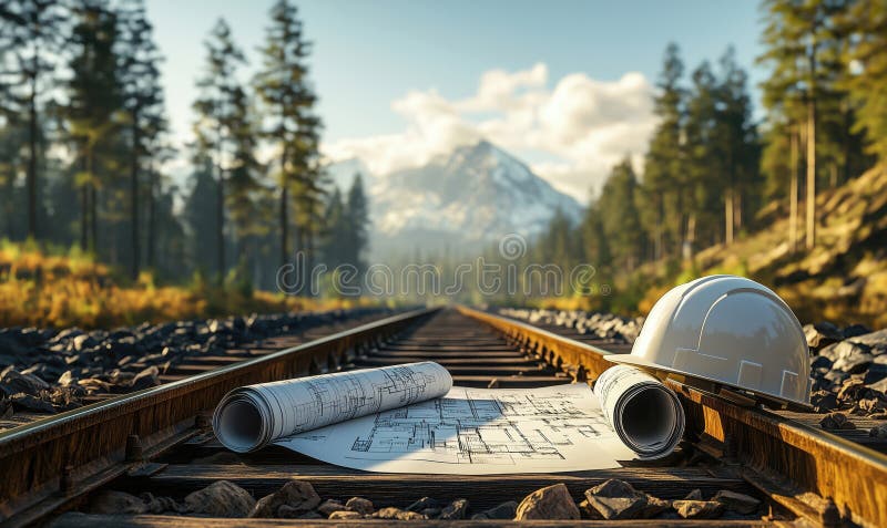 Construction Plans and Hard Hat on Railway Tracks with Mountain ...