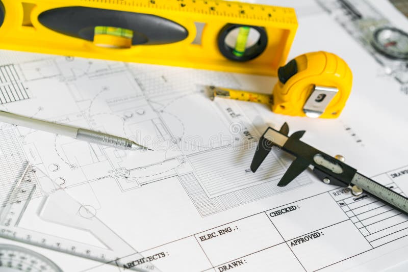 Construction Plans with Helmet and Drawing Tools on Blueprints . Stock ...