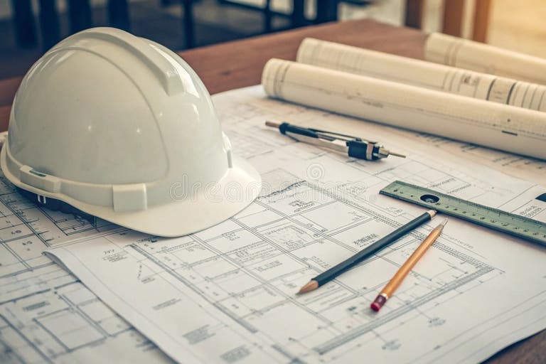 Construction Plans with Helmet and Drawing Tools on Blueprints Stock ...