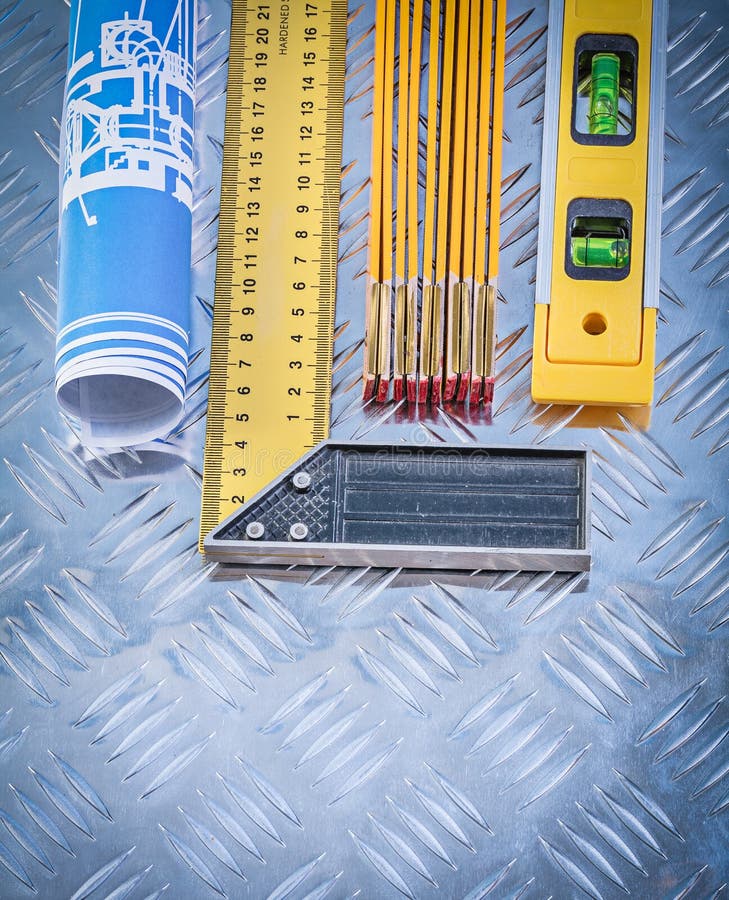 Construction Plans Level Wooden Meter Try Square on Grooved Meta Stock ...