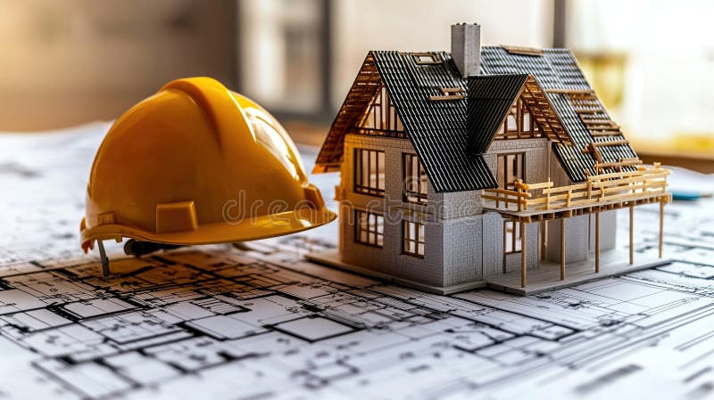 Construction Plans and Model of a House with a Hard Hat on Blueprints ...