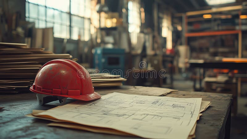 Construction Plans and Safety Helmet on a Workbench in a Busy Workshop ...