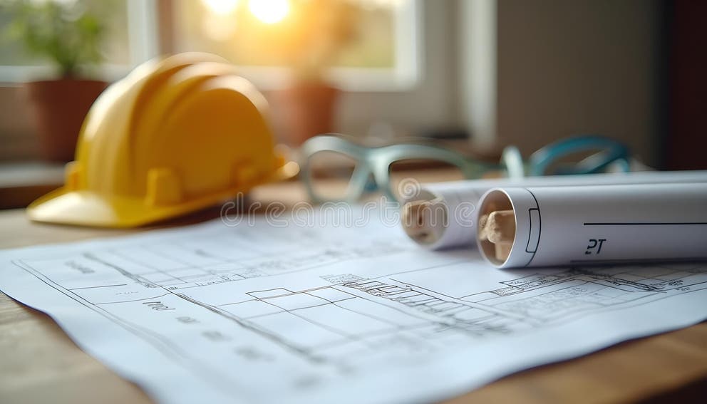 Construction Plans and Tools on Desk, Featuring Blueprints, Hard Hat ...