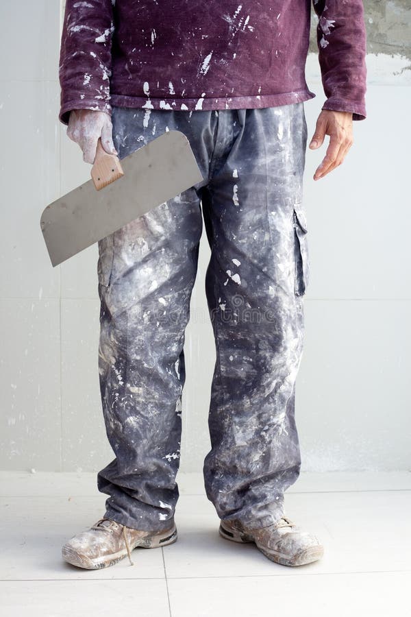 Construction Plaster Plaster Man Dirty Trousers Stock Image - Image of ...