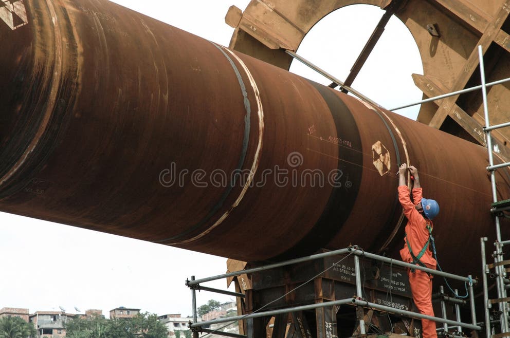 Construction of Platform Jacket, Worker Checking Welding. Stock Image ...