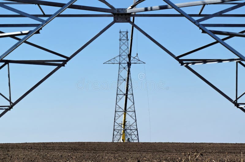 New Power Lines in Construction during Dusk Time, Wiring Work Stock ...