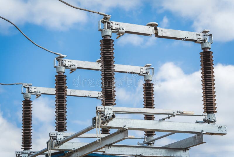 Construction of a Power Transmission Substation on a Background of Blue ...