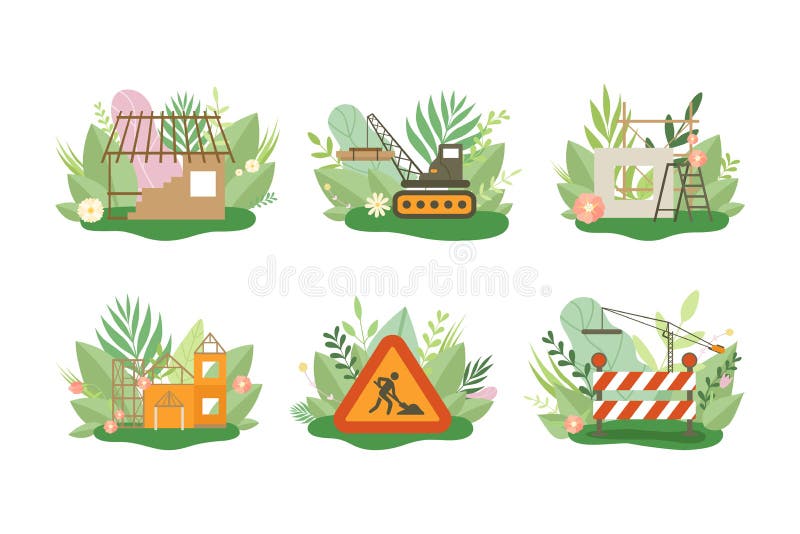 Construction Process. Set of Ecological House Building with Nature ...