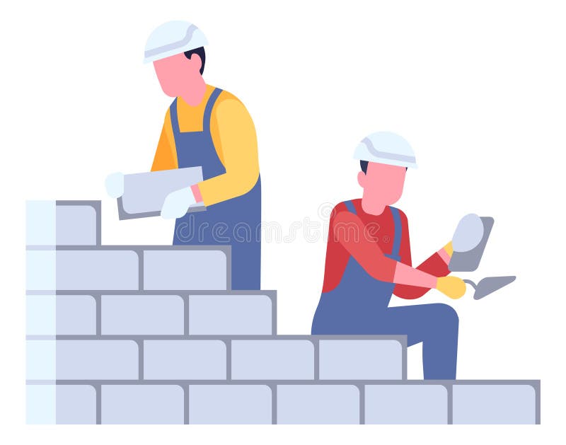 Construction Process. Workers Build Brickwork by Laying Bricks. House ...