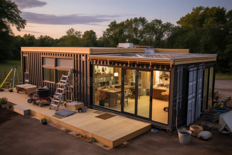 Construction Process with Workers of a Tiny Container House from Start ...