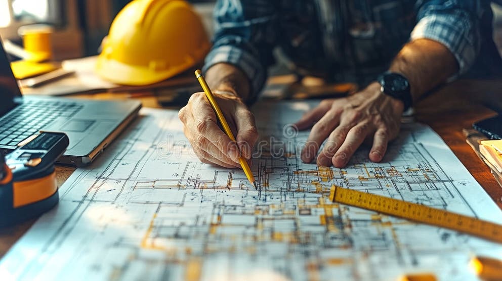 Construction Professional Engaged in Drafting Architectural Plans at a Desk in a Workspace Stock ...