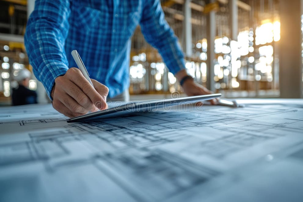 Construction Professional Reviewing Blueprints on Tablet in Building Site Stock Image - Image of ...