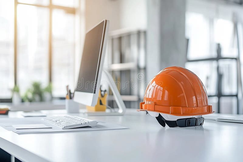 Construction Professional Workspace: Computer, Keyboard and Helmet on ...