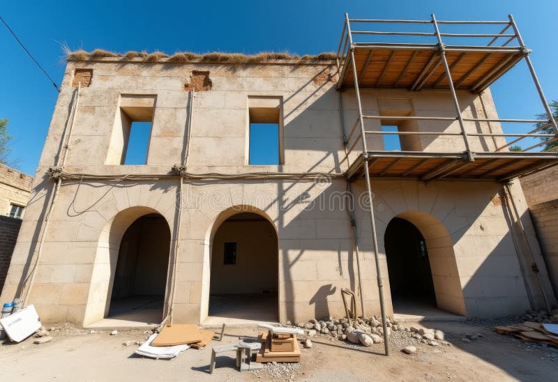 Construction Progress of a Historical Stone Building with Scaffolding ...