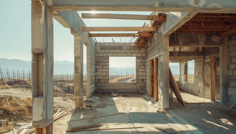 Construction Progress Inside a Building Framework Under a Clear Sky at Sunset Stock Illustration ...