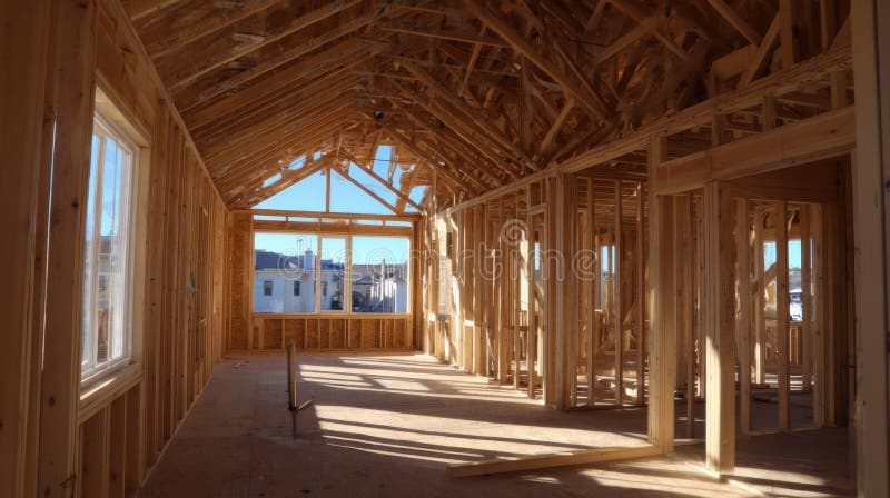 Construction Progress of a Wooden House Interior during Daylight Hours ...